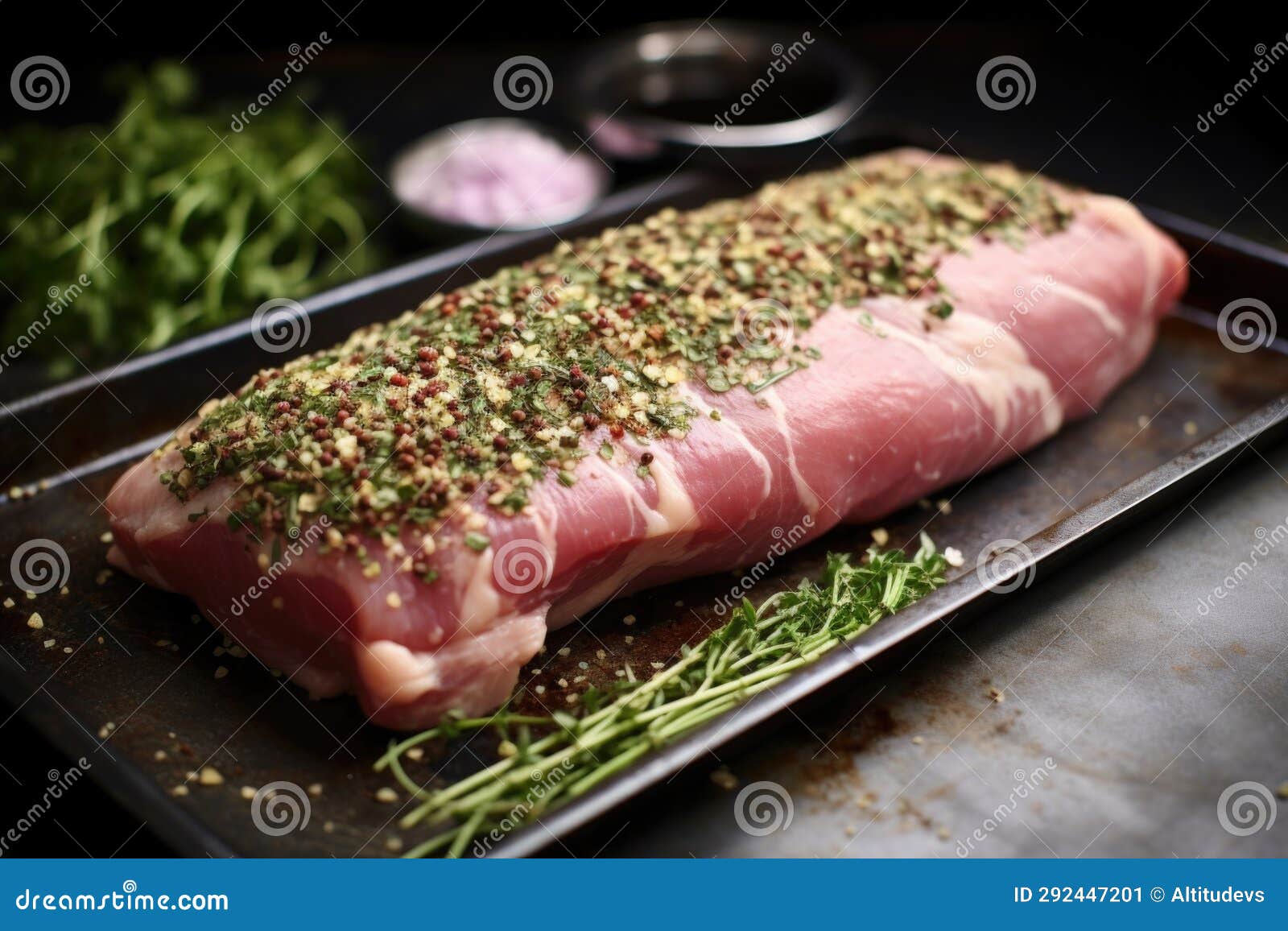 Uncooked Pork Loin Rubbed in Herbs on Stainless Steel Kitchen Surface ...
