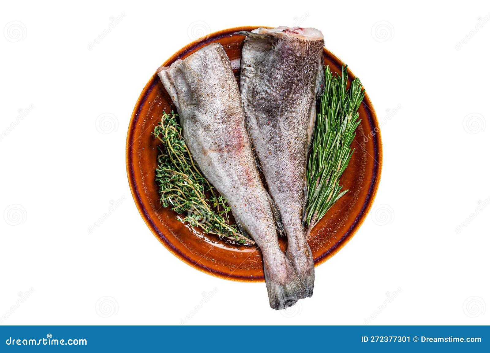 Uncooked Raw Cod or Codfish Fish in Rustic Plate with Herbs and Fork ...