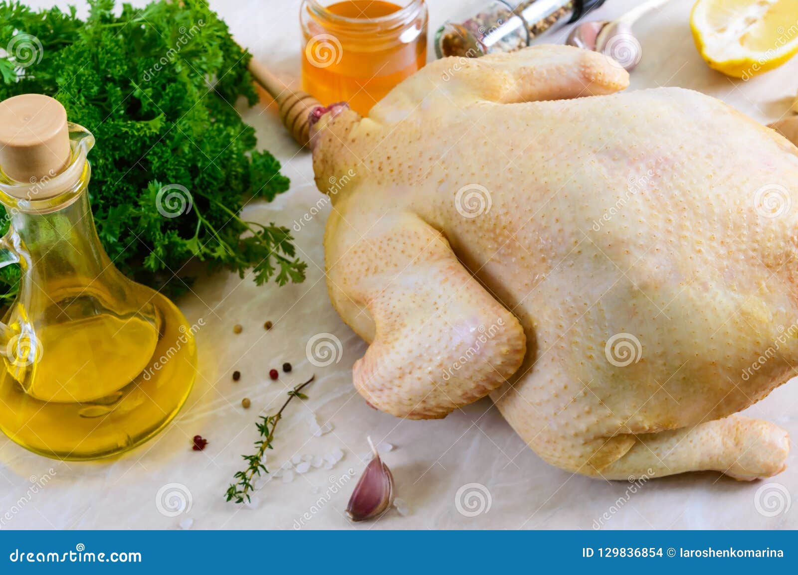 Uncooked Turkey on the Kitchen Table with Ingredients for Marinade ...