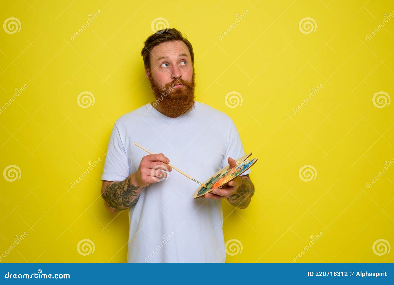 Undecided Man with Beard and Tattoo is Ready To Draw with Brushes Stock ...