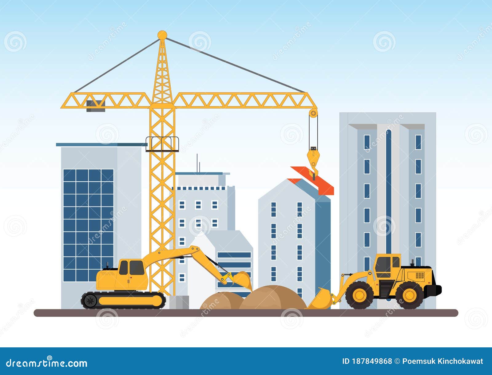 Building Work Process With Construction Crane. Jenny With Hook Using In ...