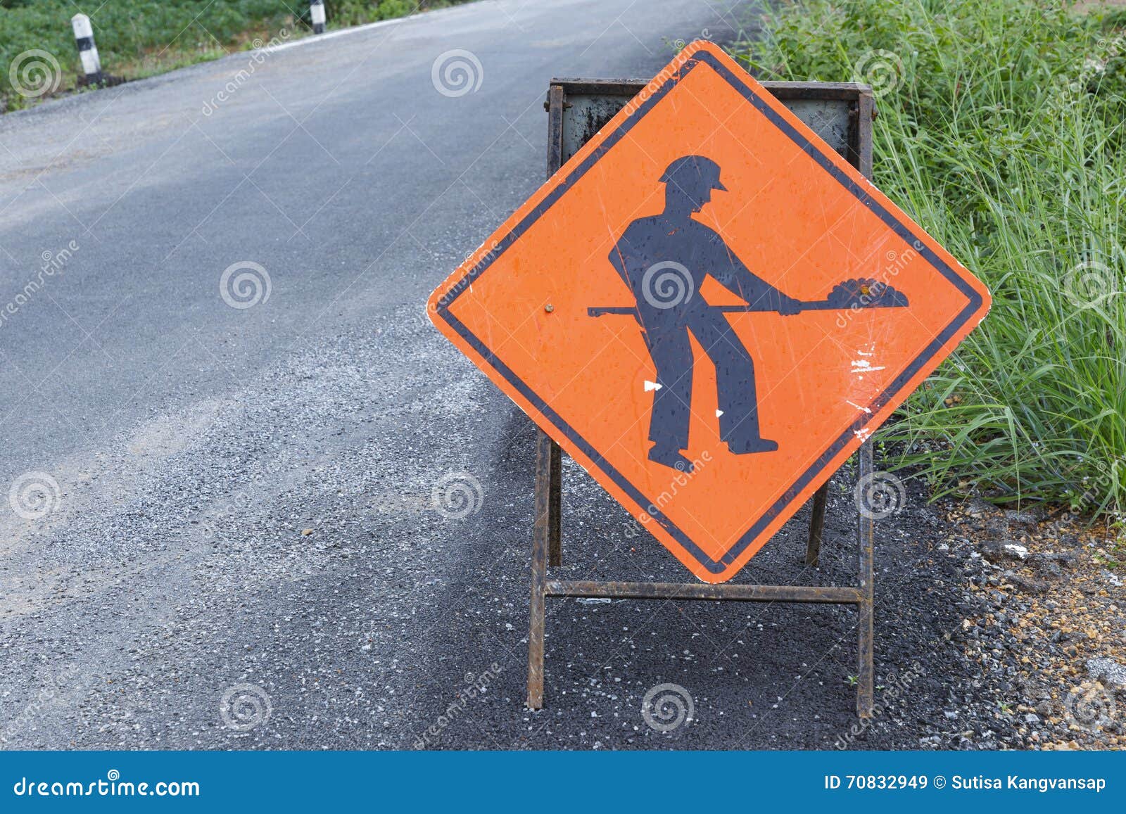 Under Construction Sign on Damage Road Stock Image - Image of slow ...