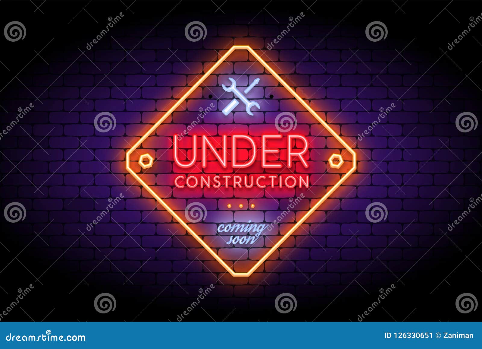 Under Construction Sign in Trendy Neon Style on the Brick Wall. Stock ...