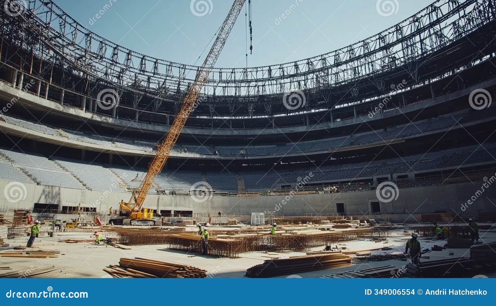 An Under-construction Stadium with Cranes and Workers Installing ...