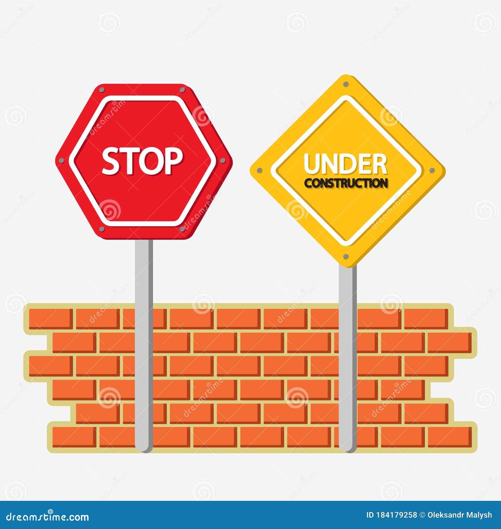 Under Construction and Stop Signs with Bricks Wall Icon Stock Vector ...