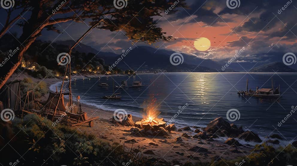 Nature View with Sea and Fire and Full Moon Generated by AI Tool Stock ... Nature View with Sea and Fire and Full Moon Generated by AI Tool Stock ...