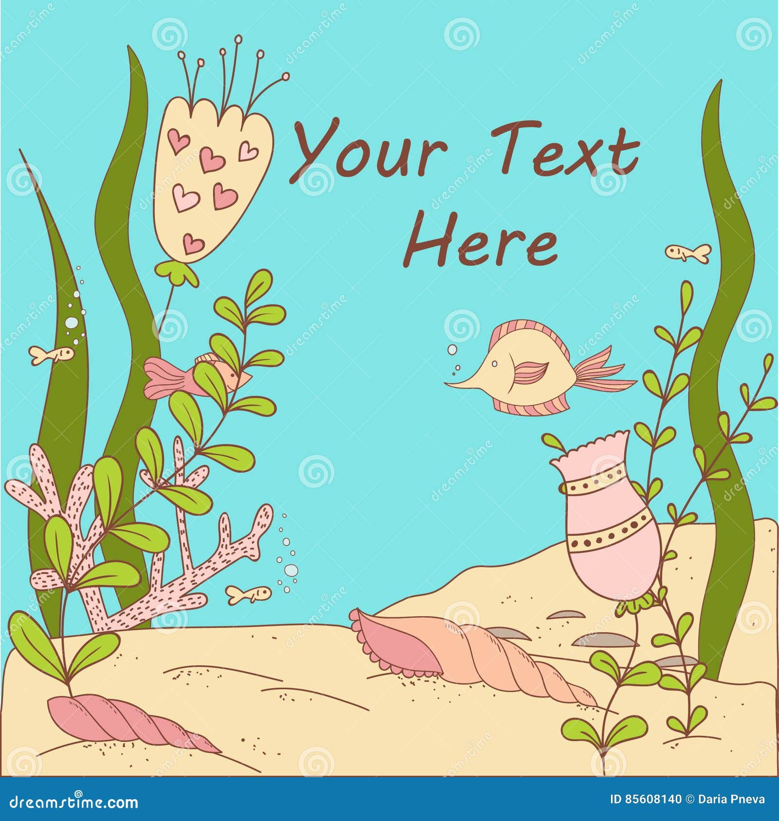Under The Sea Card With Mermaid, Leaves, Seashells And Fish. Simple And ...