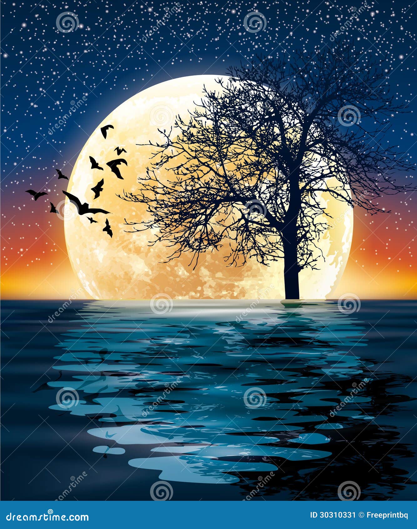 Huge Moon and a Tree on the Water Stock Vector - Illustration of lonely ...