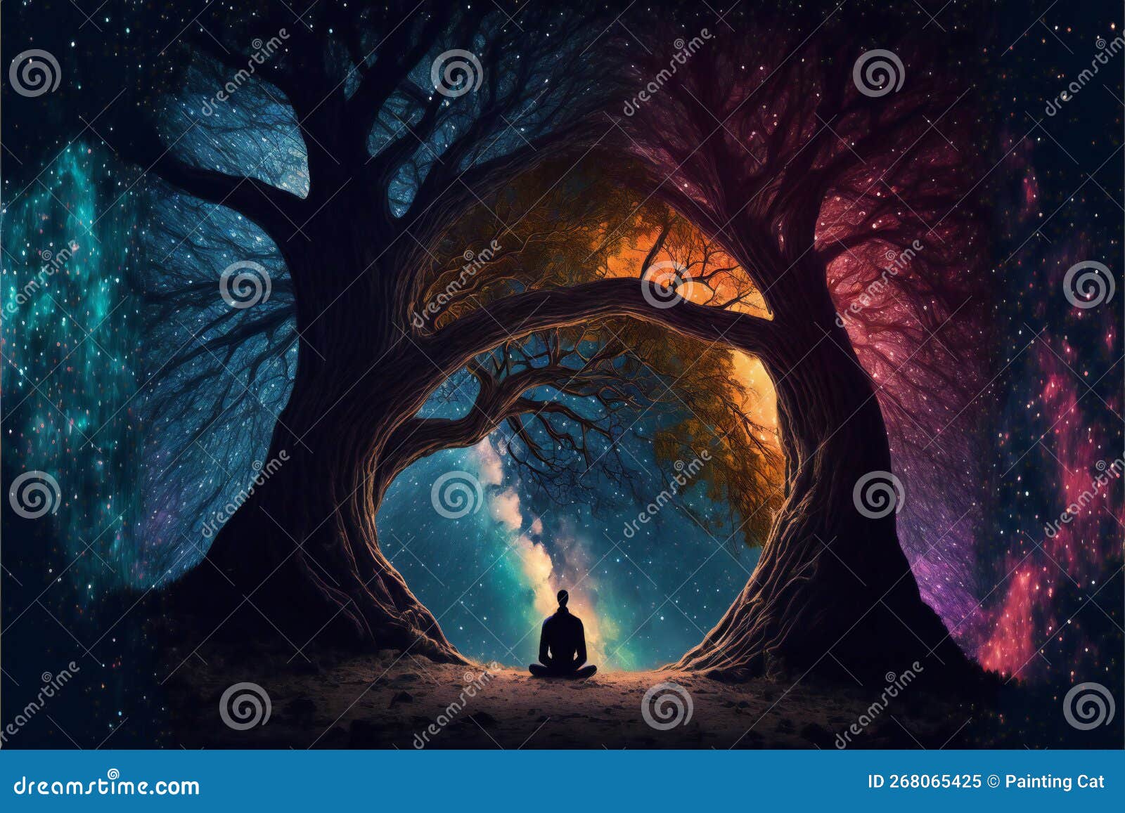 Under a Tree in Front of the Universe, Digital Illustration Painting ...