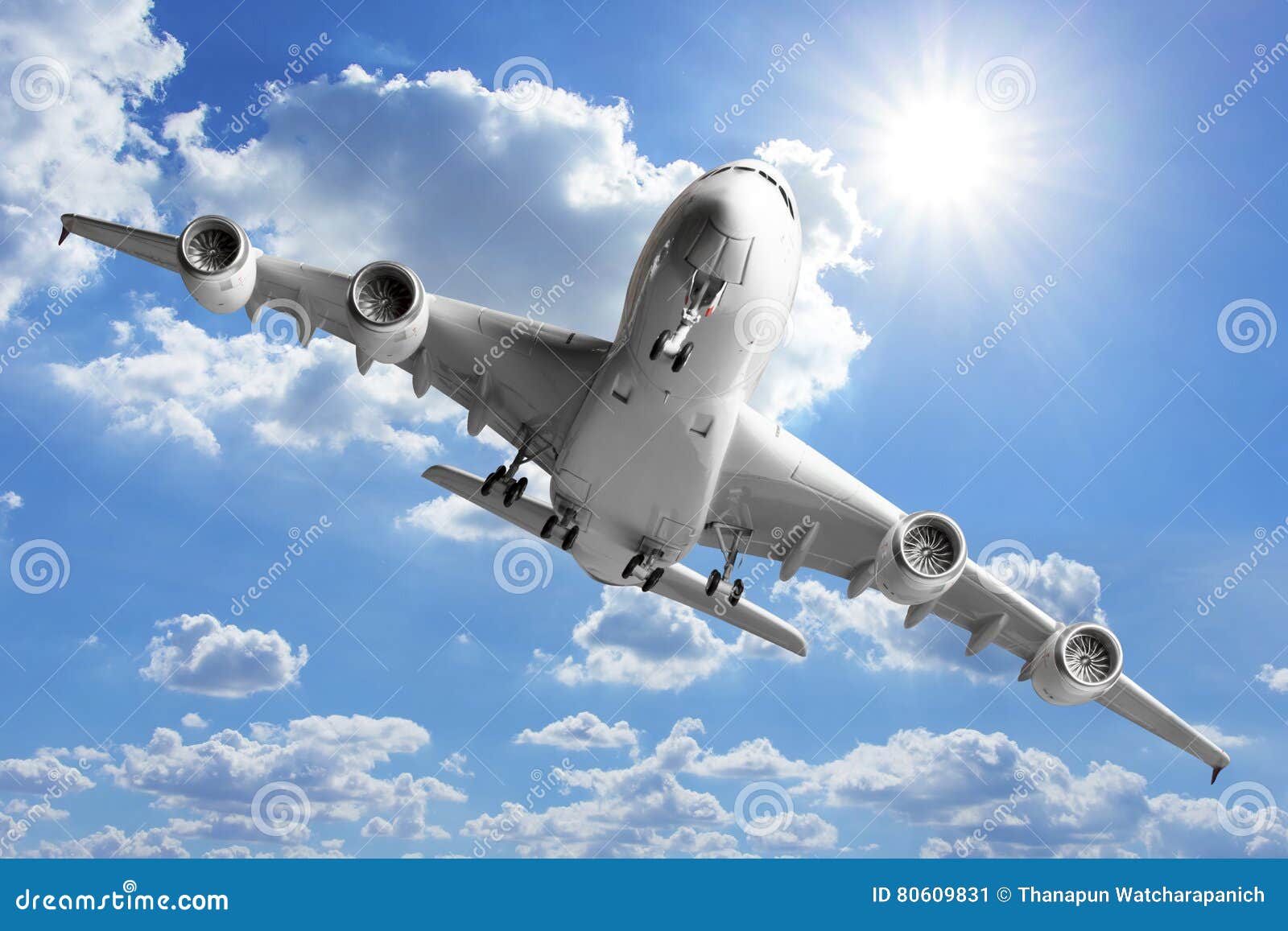 Under View of Commercial Airplane Takeoff To the Beautiful Sky Stock ...