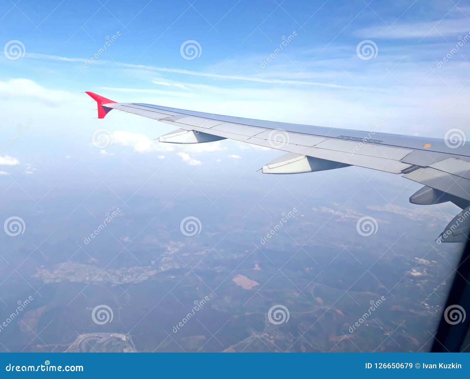 Under the Wing of the Plane. Panoramic View of the Blue Sky with Clouds ...