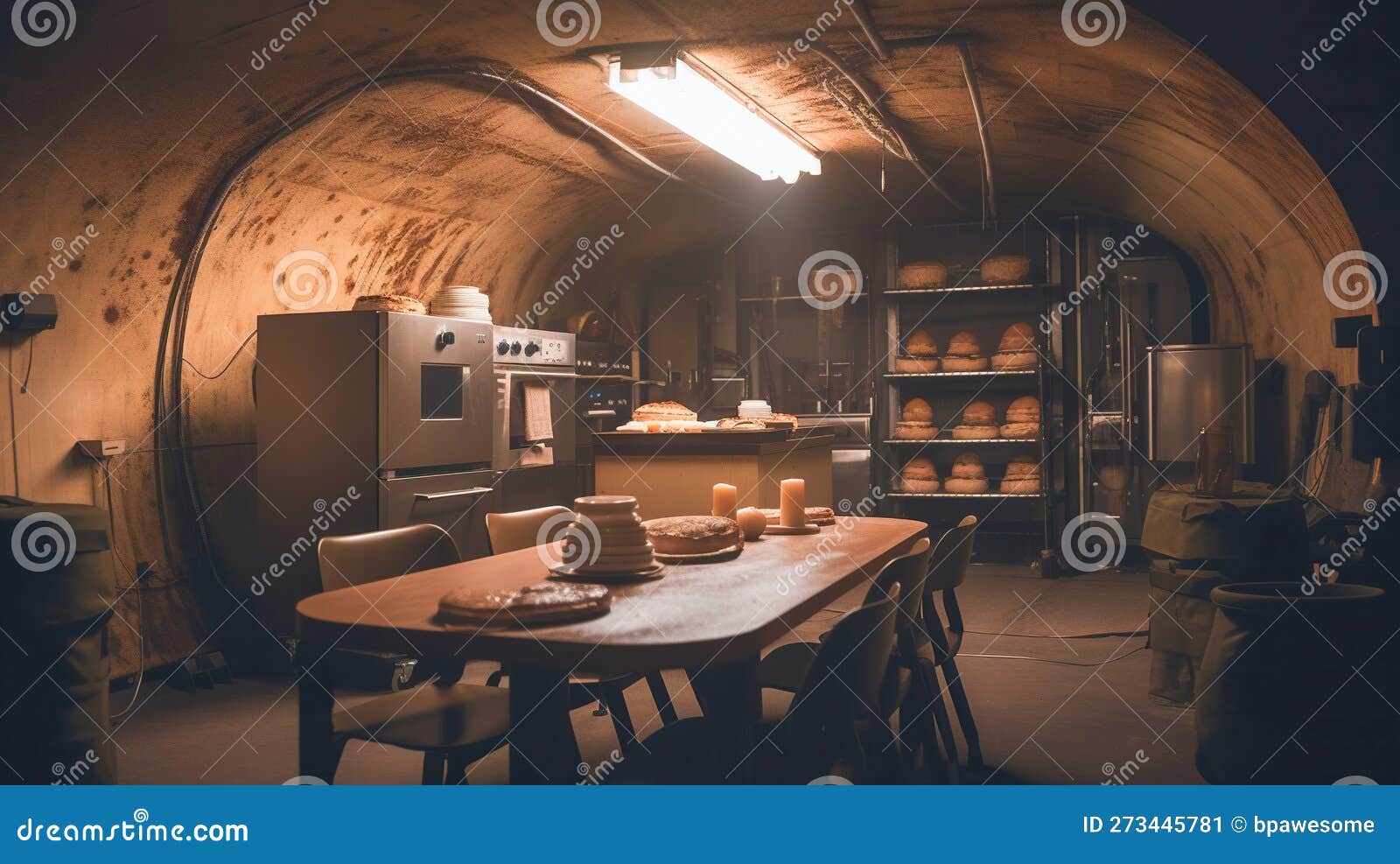 An Underground Bunker Kitchen with Necessary Appliances and Supplies ...