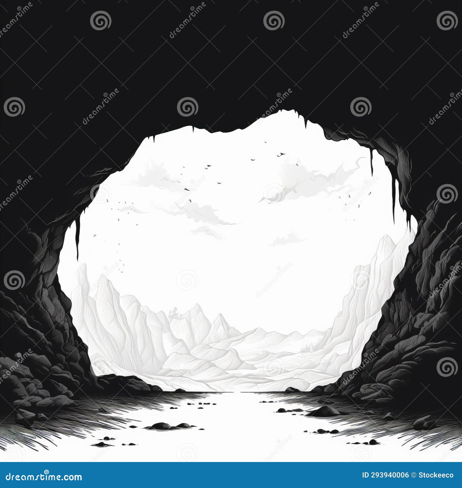 Minimalist Cave Landscape: High Contrast Black and White Illustration ...