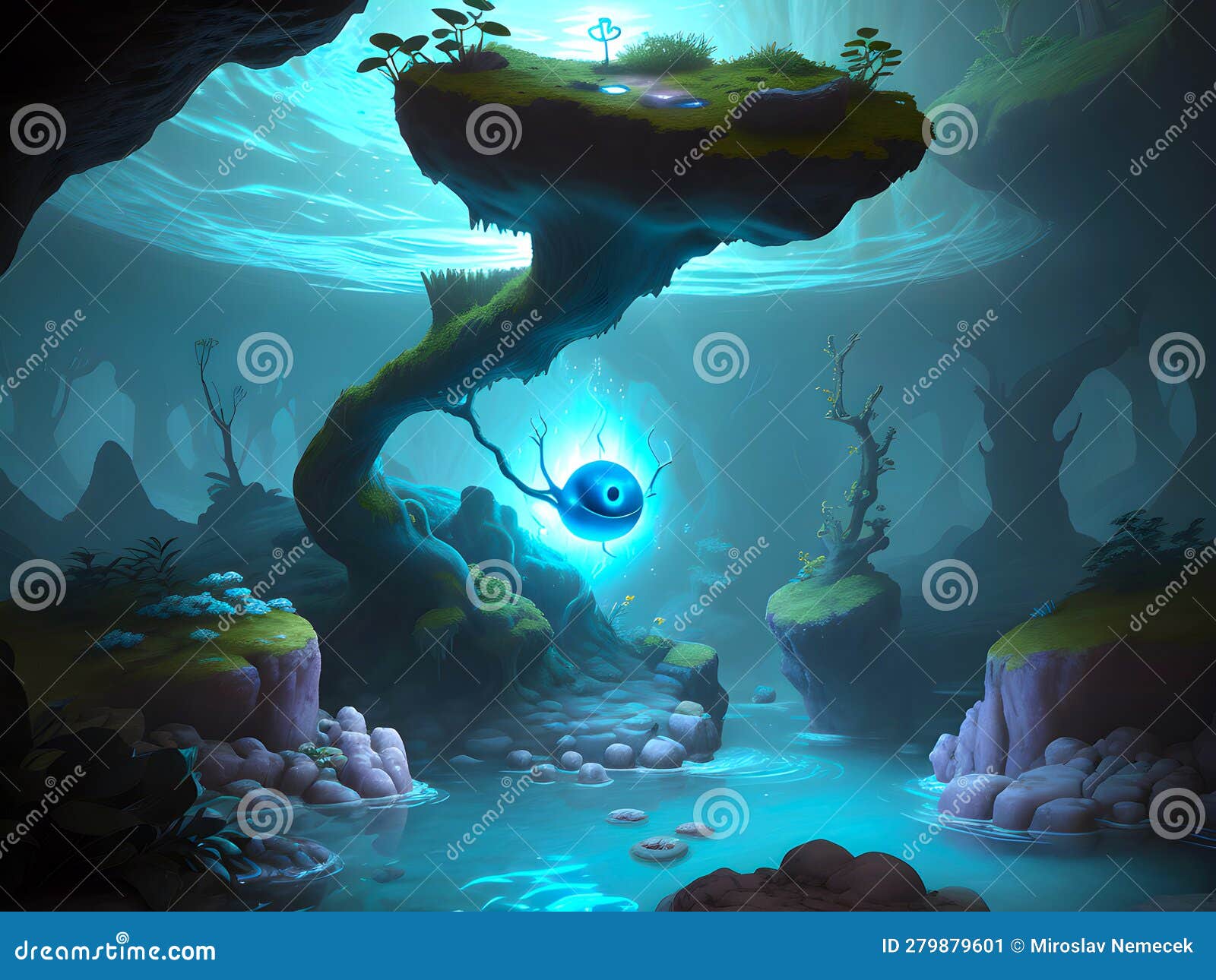 Underground Cave With Light Beings, Generative AI Illustration Stock ...