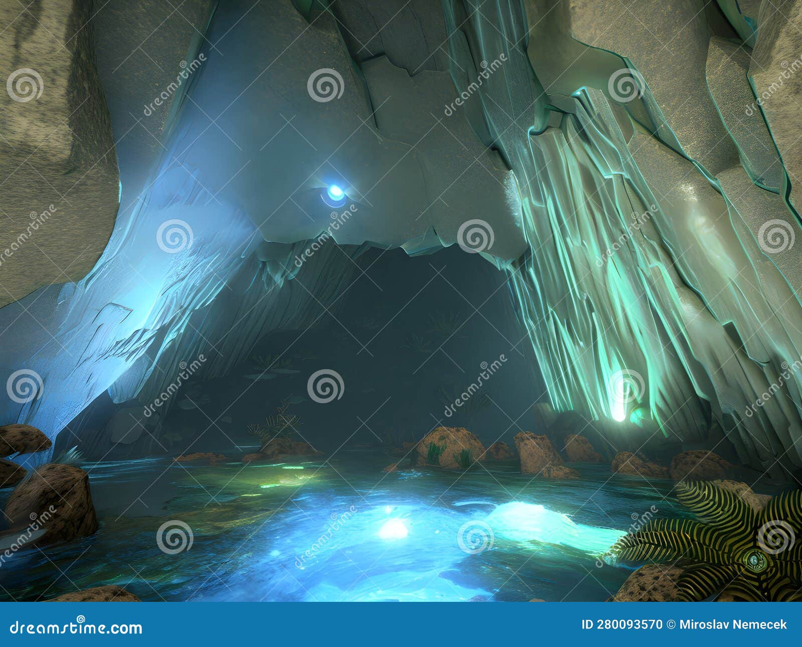 Underground Cave With Light Beings, Generative AI Illustration Stock ...