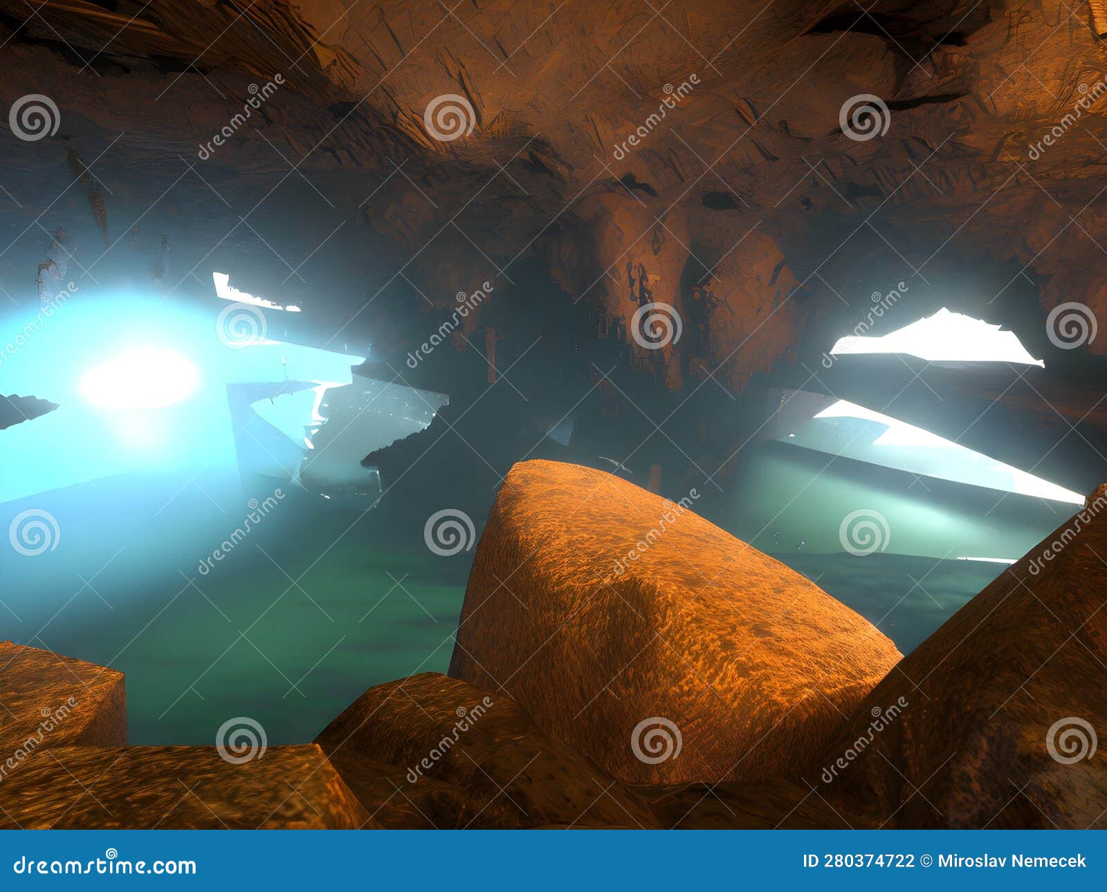 Underground Cave with Light Beings, Generative AI Illustration Stock ...
