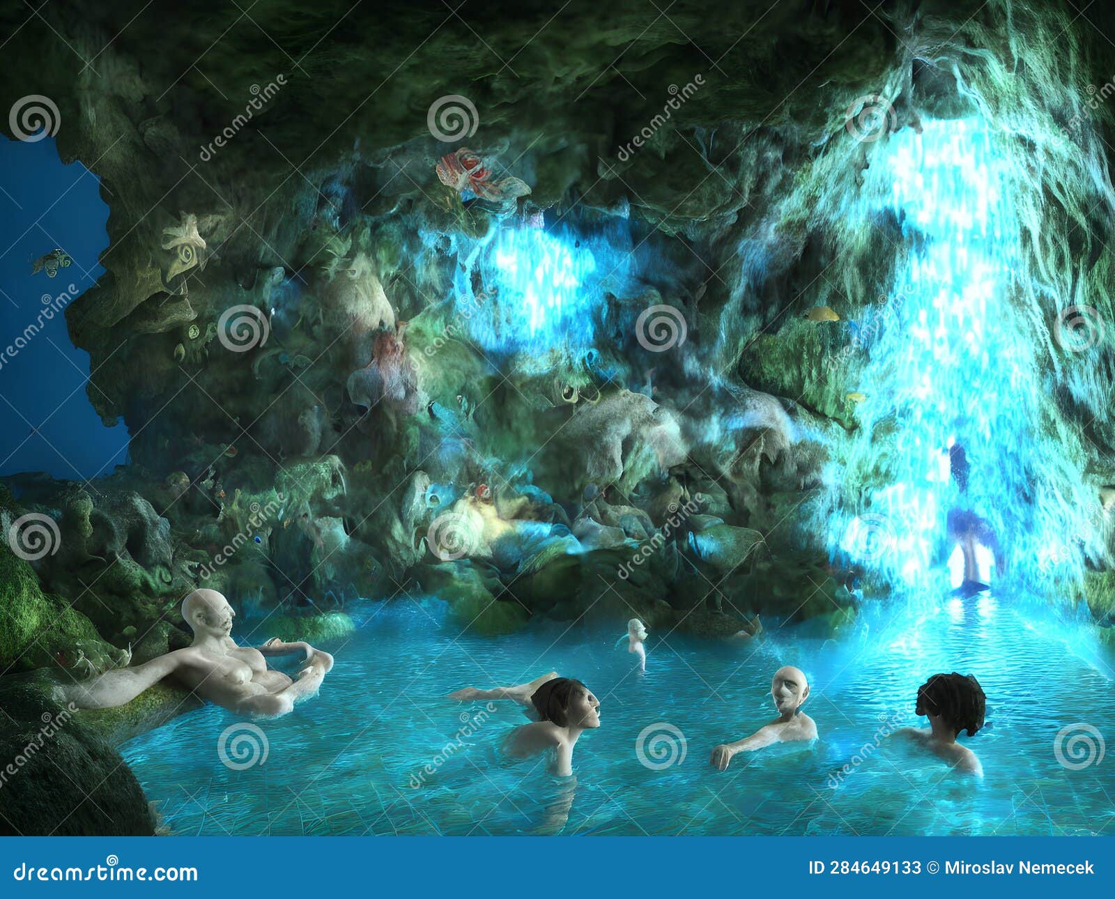 Underground Cave with Light Beings, Generative AI Illustration Stock ...