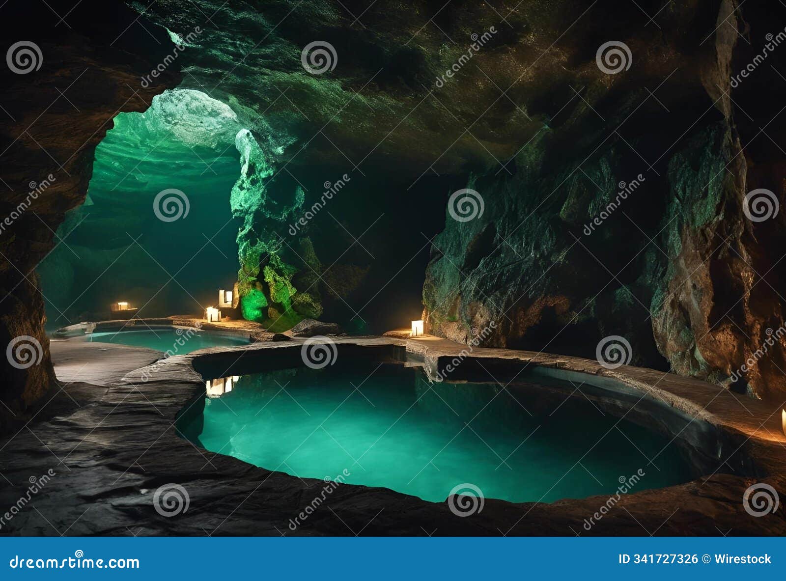 Underground Cave Pool with Glowing Green Rocks and Ambient Lighting ...