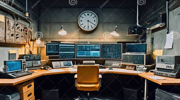 Underground Command Center with Multiple Monitors and Vintage Equipment ...