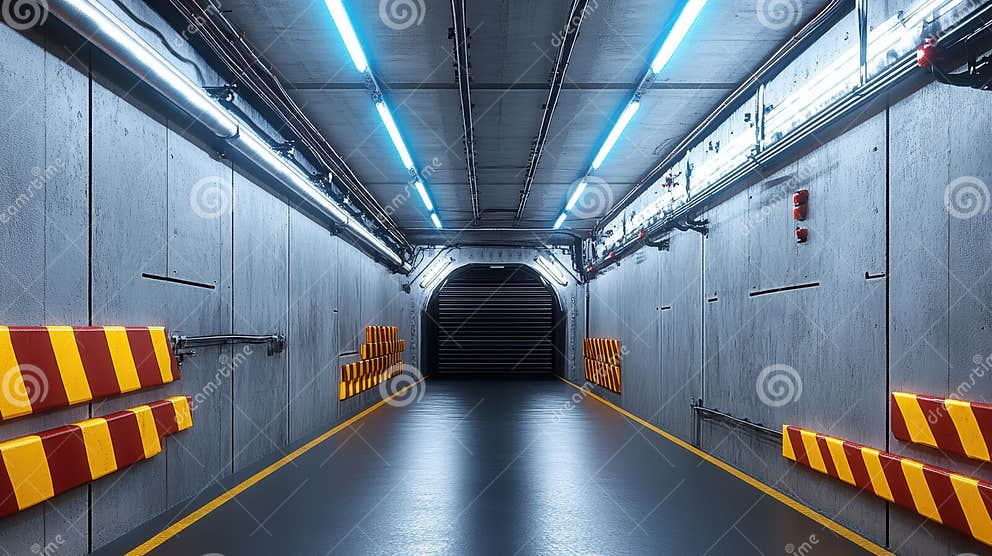 Underground Corridor Leading To Closed Gate in Nuclear Bunker Stock ...