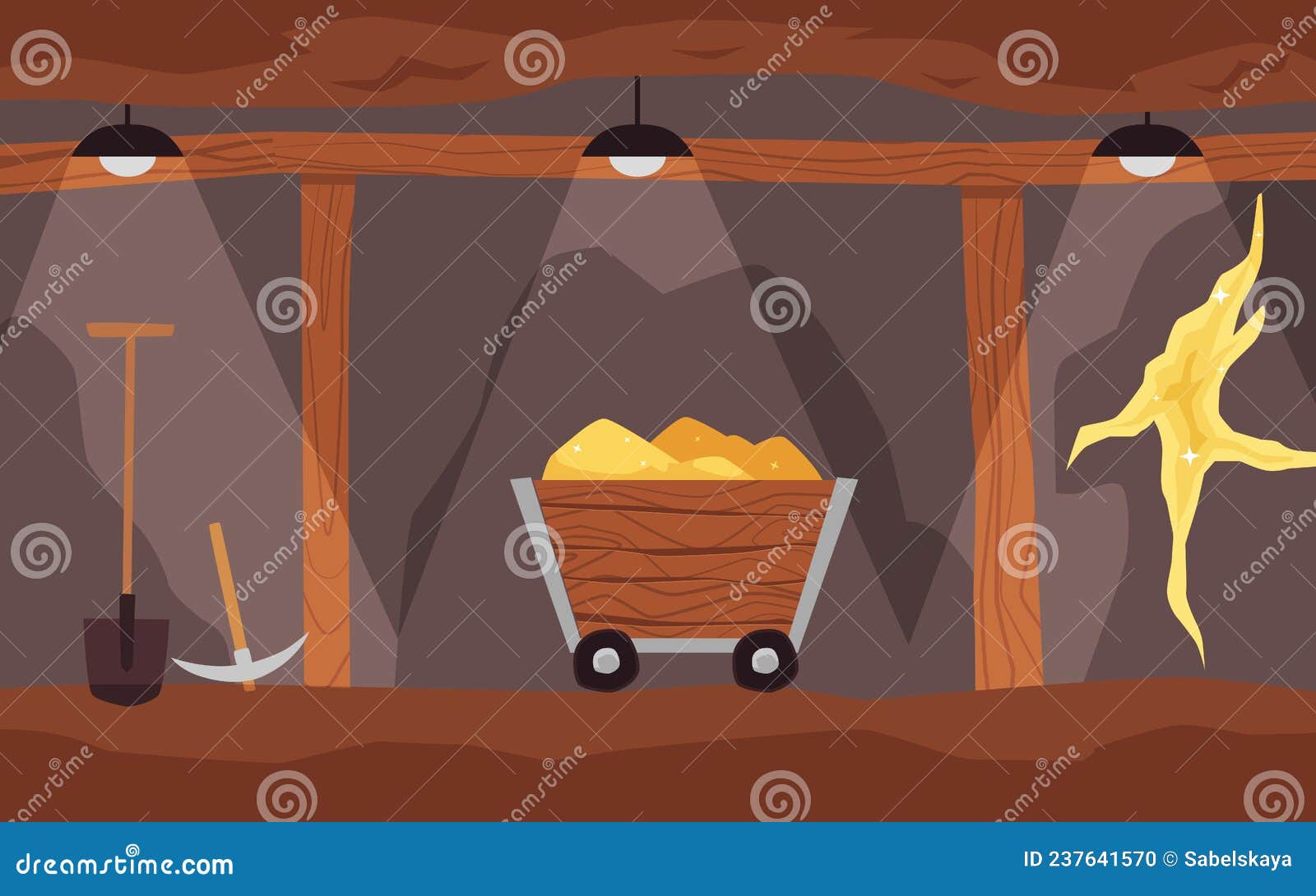 Underground Gold Mine Background, Vector Illustration. Gold Digging and ...
