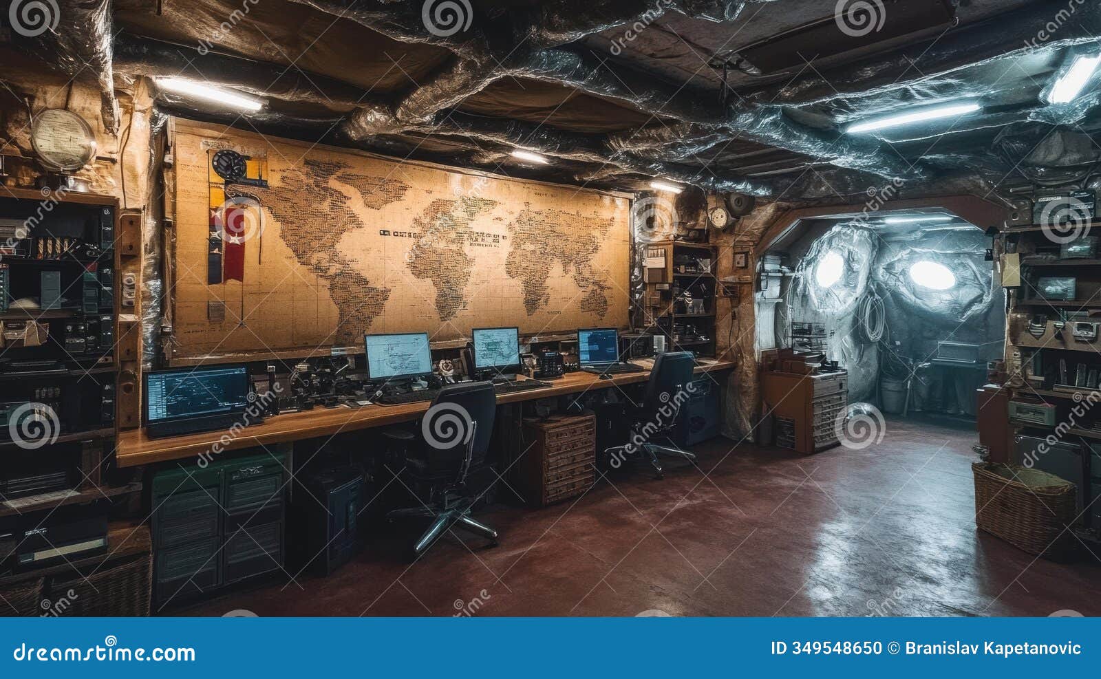 Underground Military Command Center with World Map and Computers Stock ...