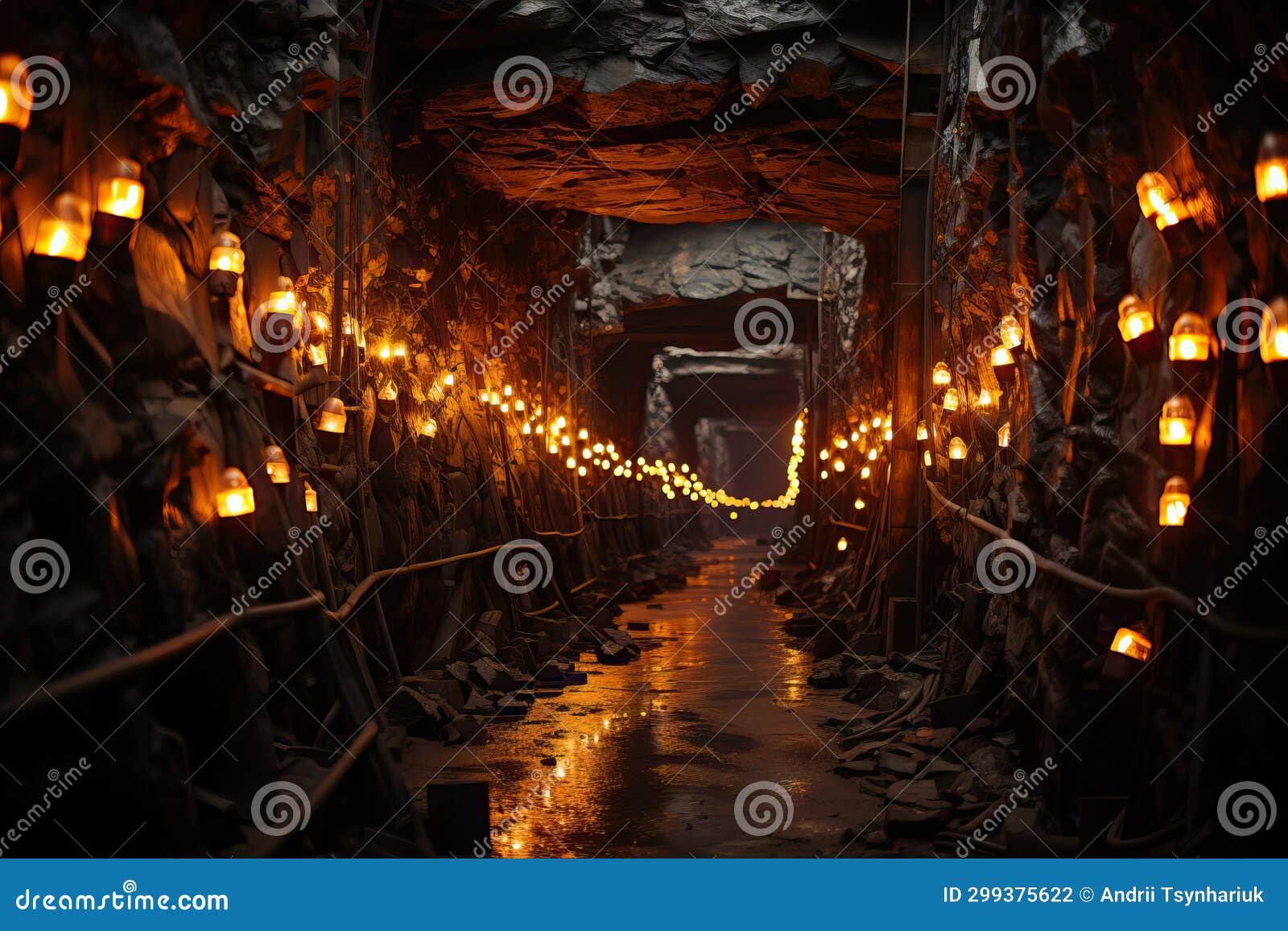 An Underground Mine with Coal, the Mine is Lit and Old and Dilapidated ...