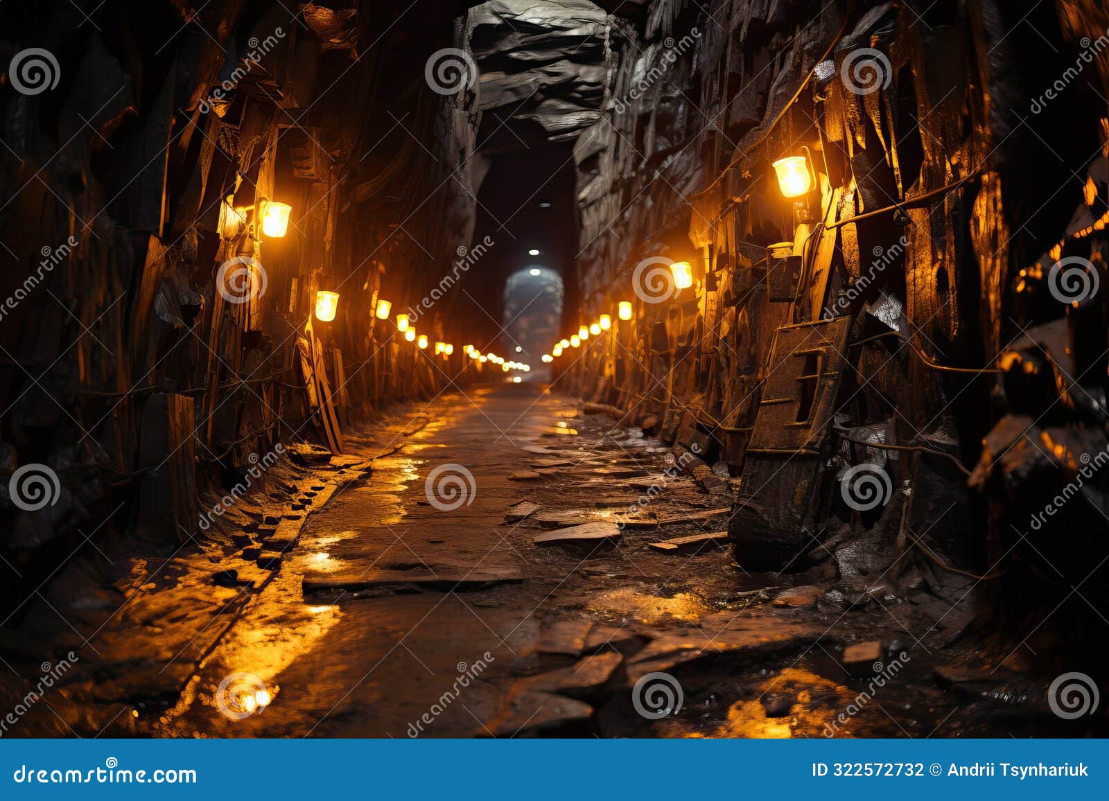 An Underground Mine with Coal, the Mine is Lit and Old and Dilapidated ...
