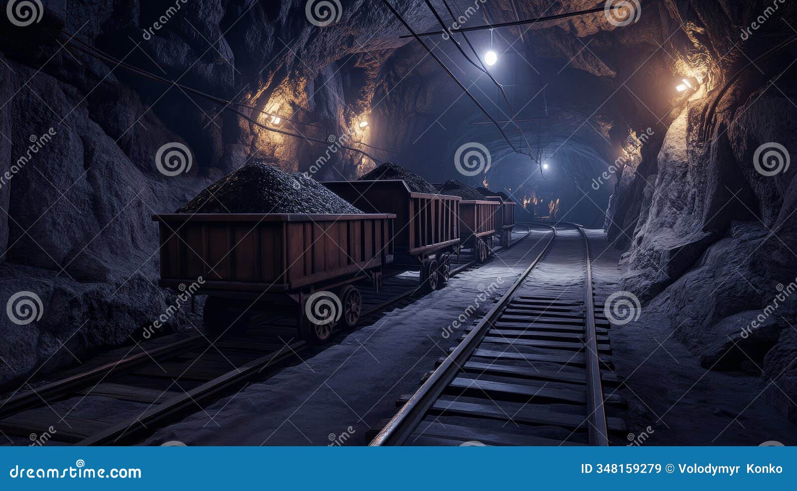 Underground Mining Tunnel with Ore Carts on Rails Stock Image - Image ...