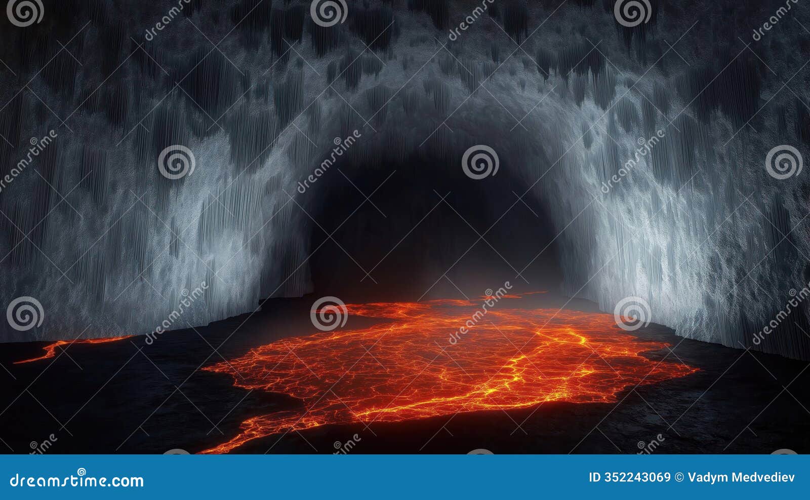 Underground Molten Lava Cave with High Jagged Ceilings. Lava Flows ...