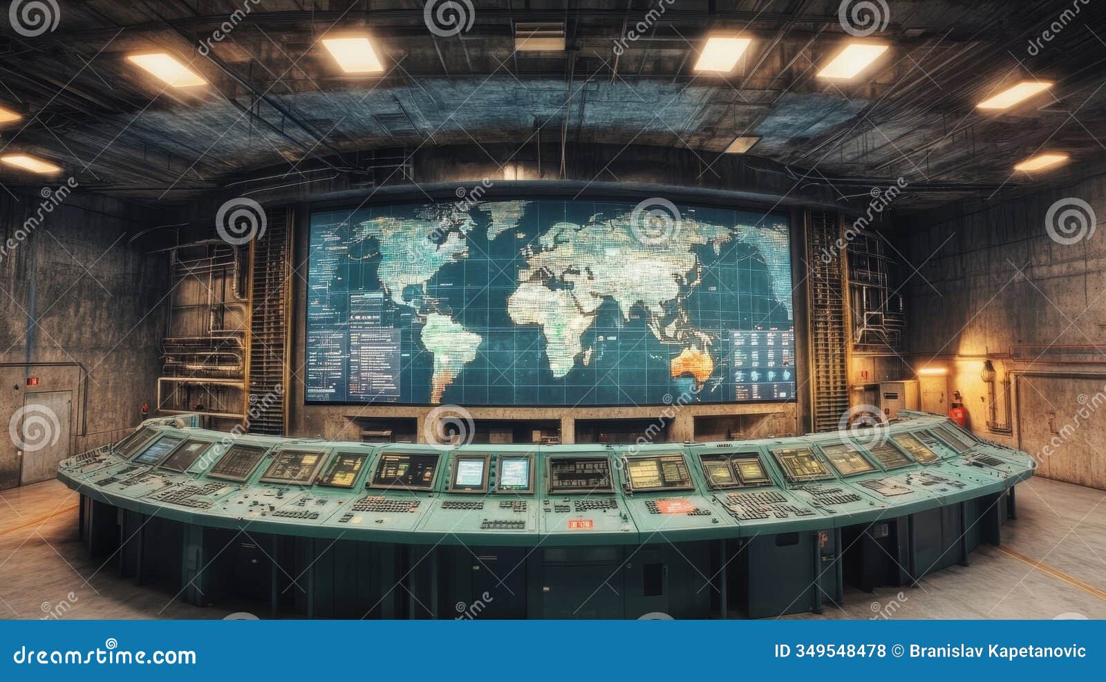 Underground Nuclear Bunker Control Room Showing World Map Stock Photo ...
