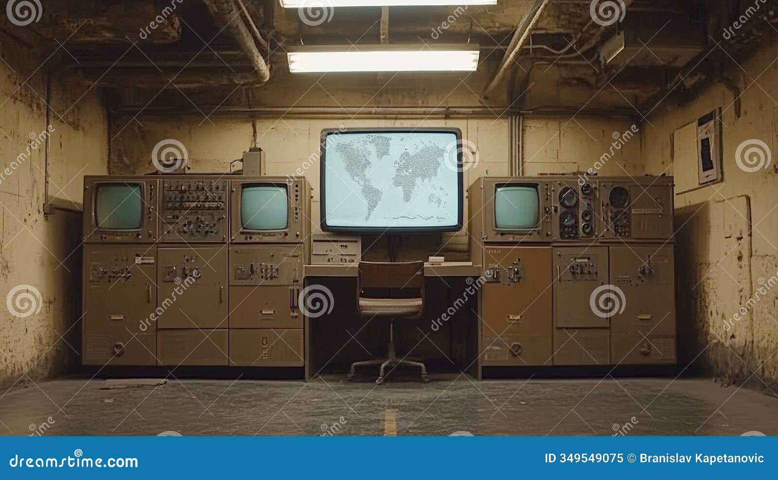 Underground Nuclear Bunker Control Room Showing World Map on Screen ...