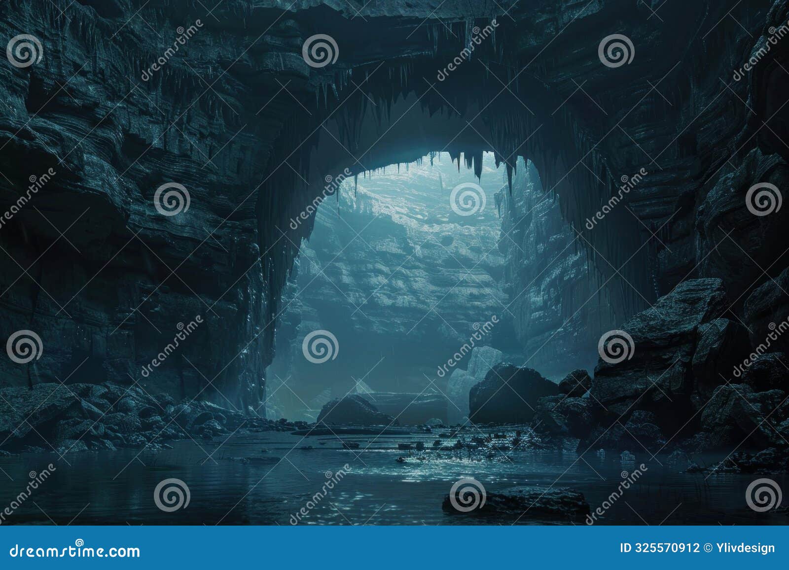 Underground River Flowing from Dark Cave Opening with Stalactites Stock ...