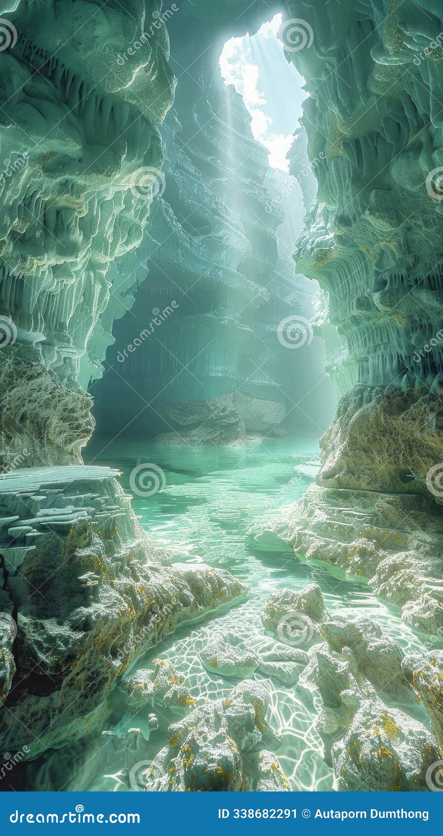 An Underground River Flows through a Crystal Cave Stock Illustration ...