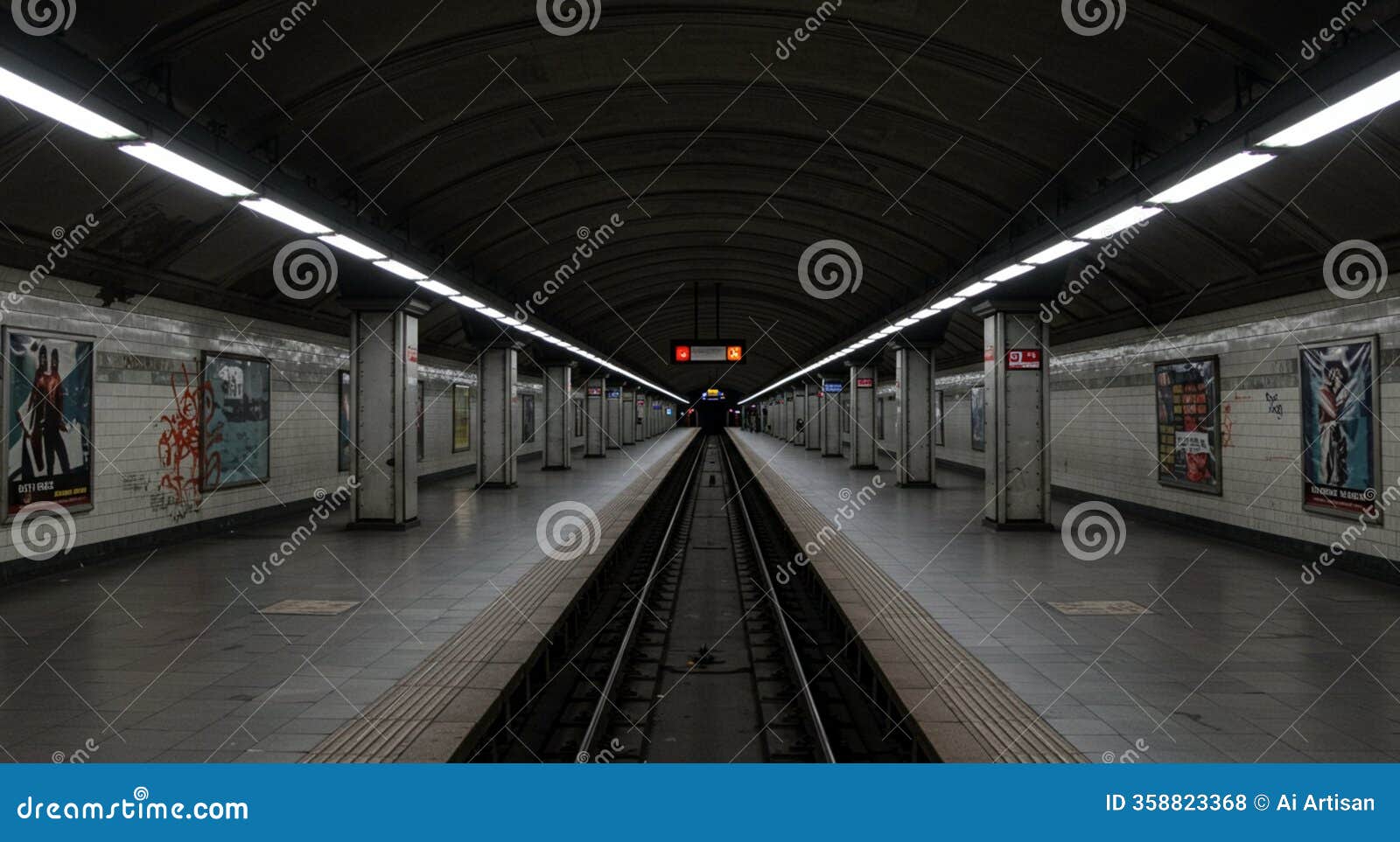 An Underground Subway Station with a Central Track and Platforms on ...