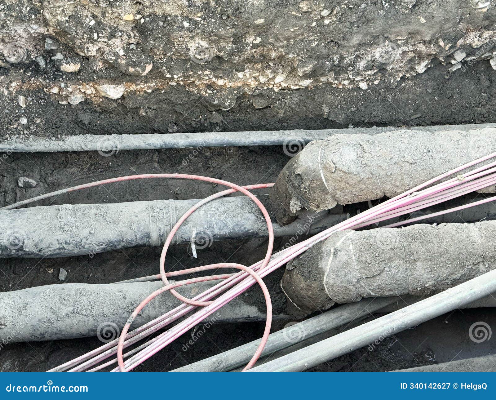 Underground Utility Installation with Exposed Cables in Construction Zone Stock Image - Image of ...