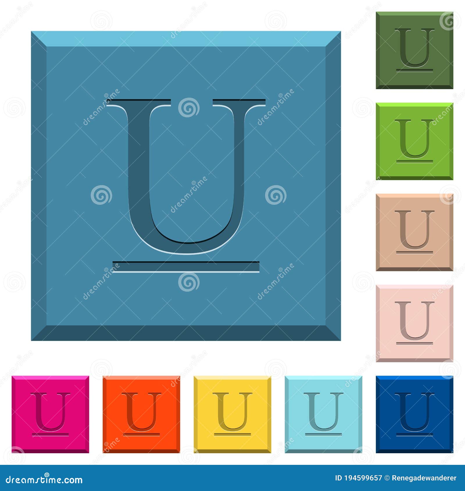Underlined Font Type Engraved Icons on Edged Square Buttons Stock ...