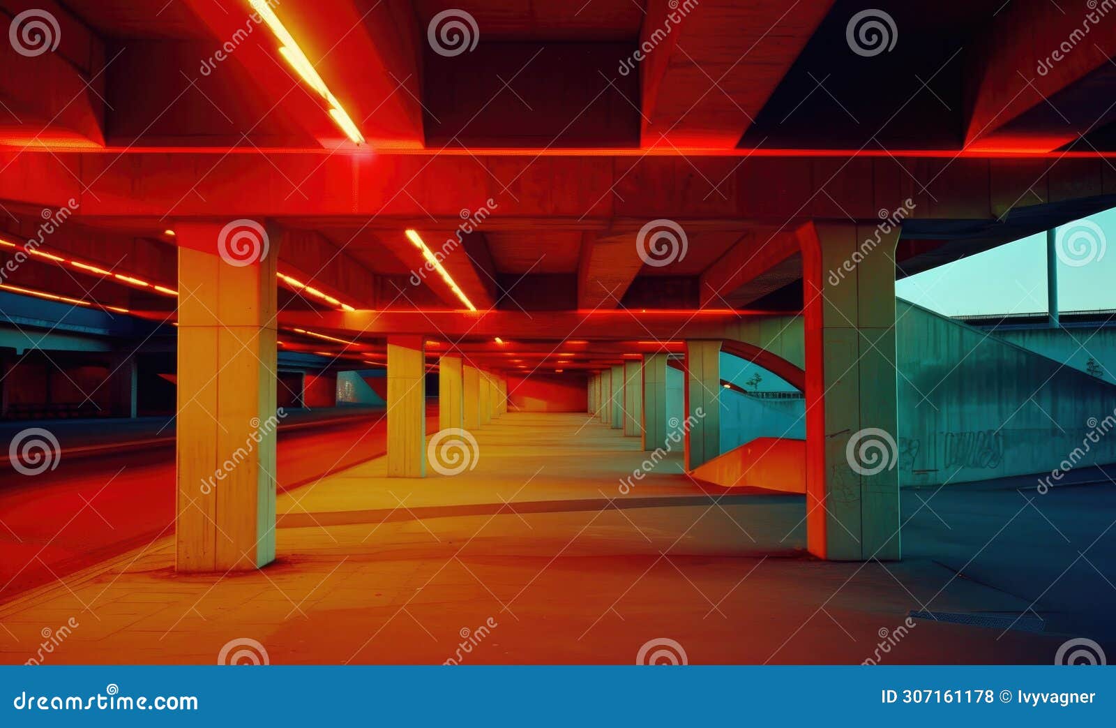 Underpass in the City at Night, Illuminated by Red Lights Stock ...