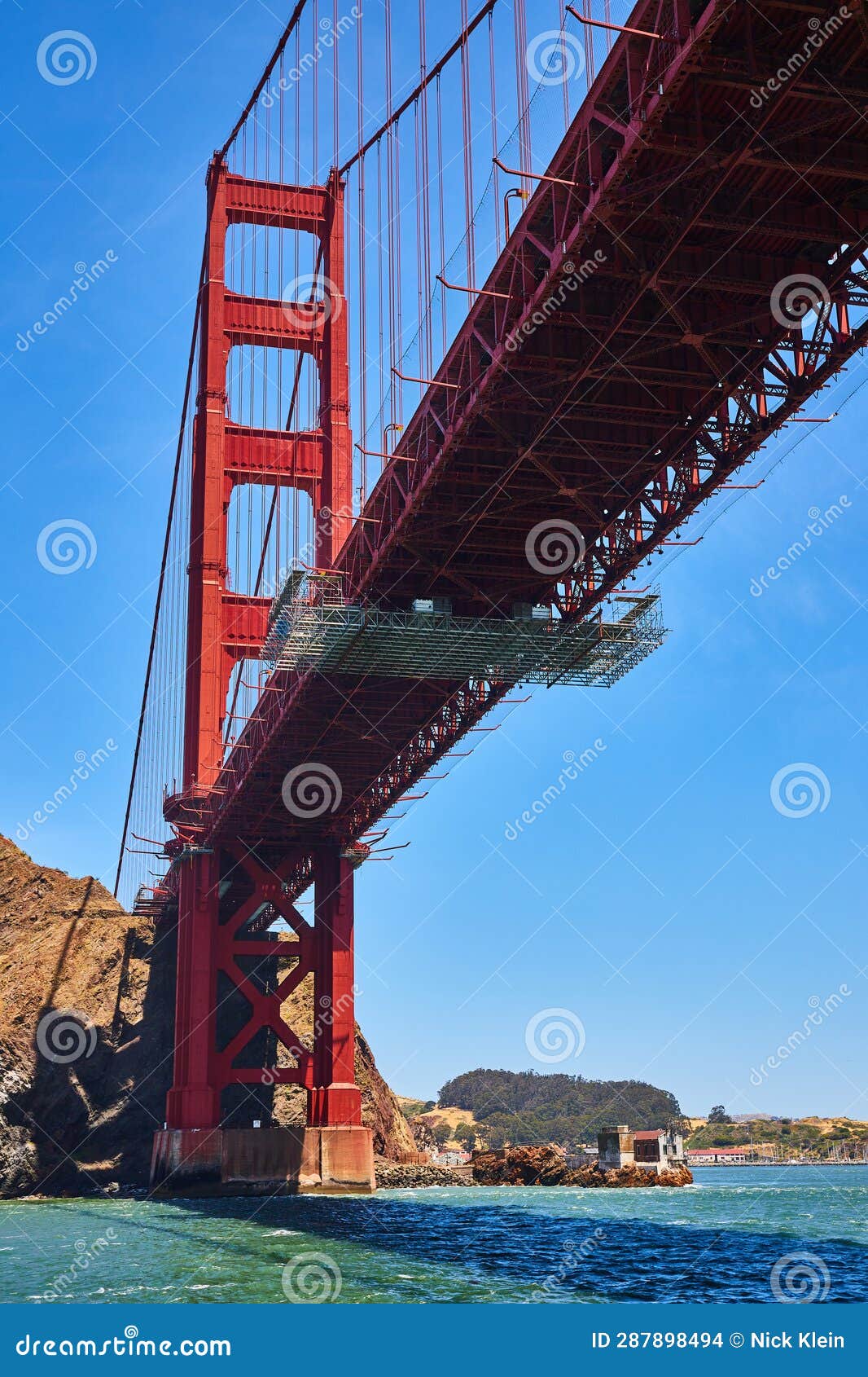 Underside View of Golden Gate Bridge on Bright Summer Day with Clear ...