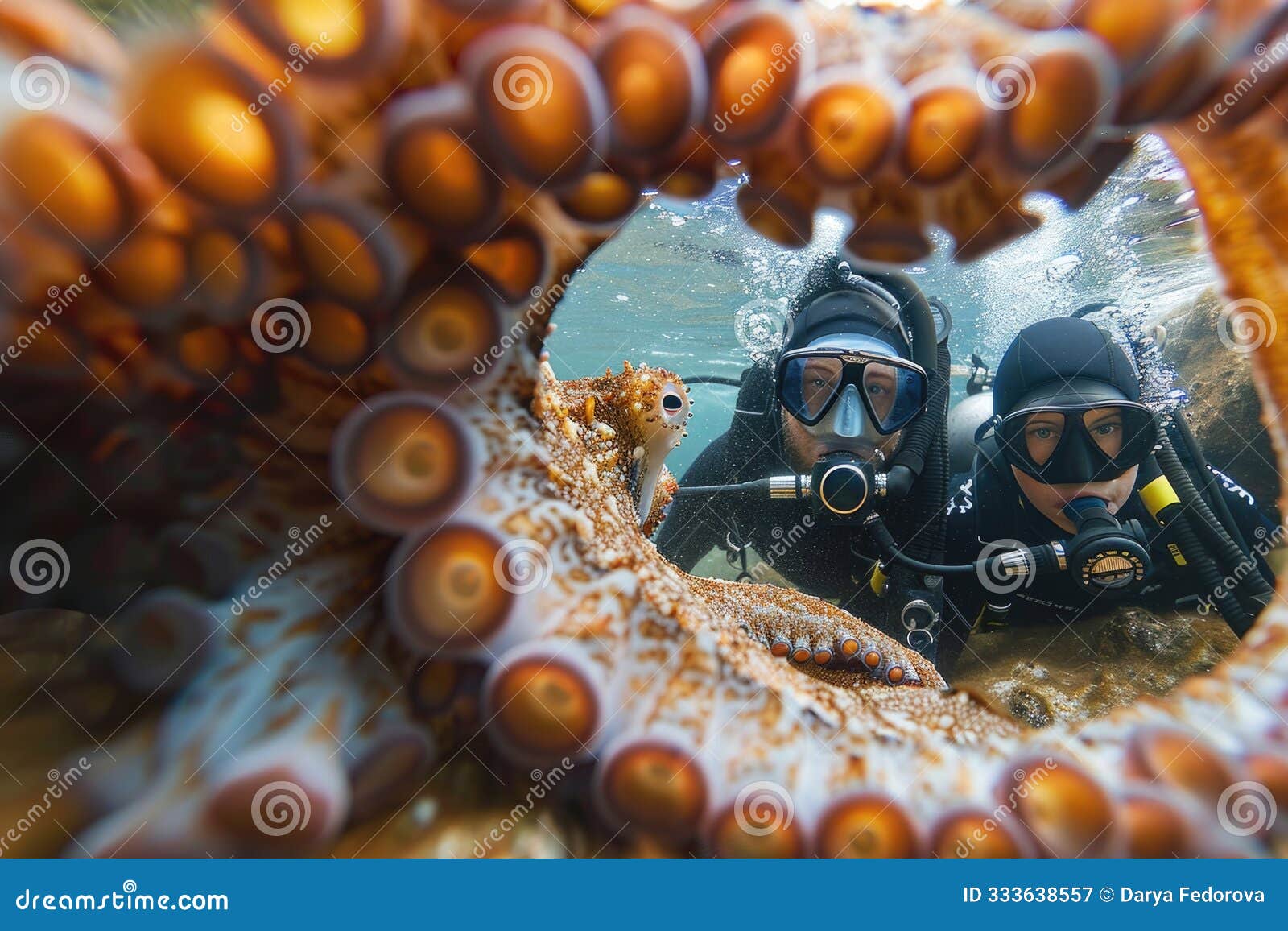 Underwater Adventure: Scuba Divers Encounter Octopus through Tentacle ...