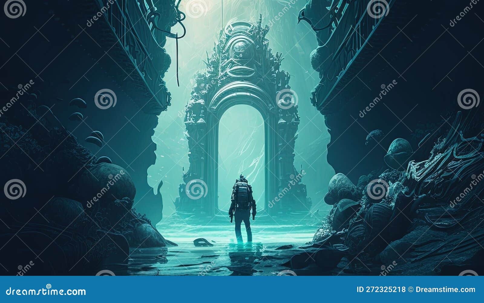 Alien Ruins Under A Giant Spotlight On A Sunless Planet Dark Starry Sky ...