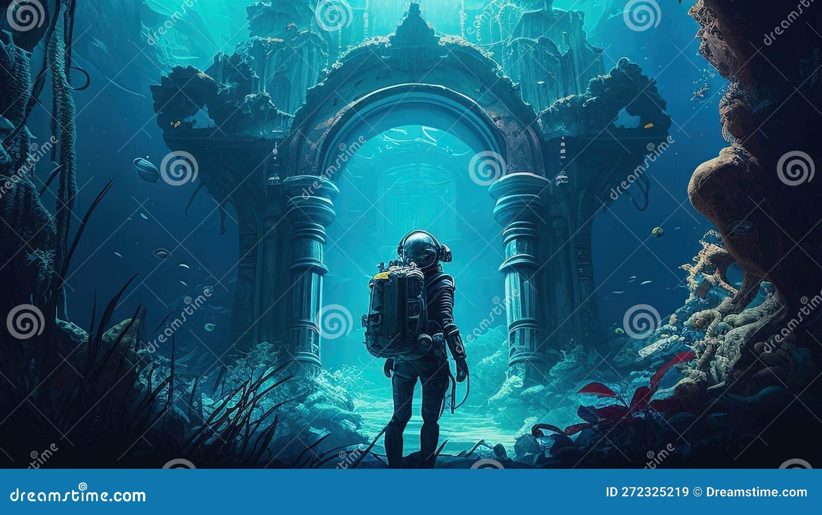Underwater Alien Ruins Digital Art Illustration, Generative AI Stock ...