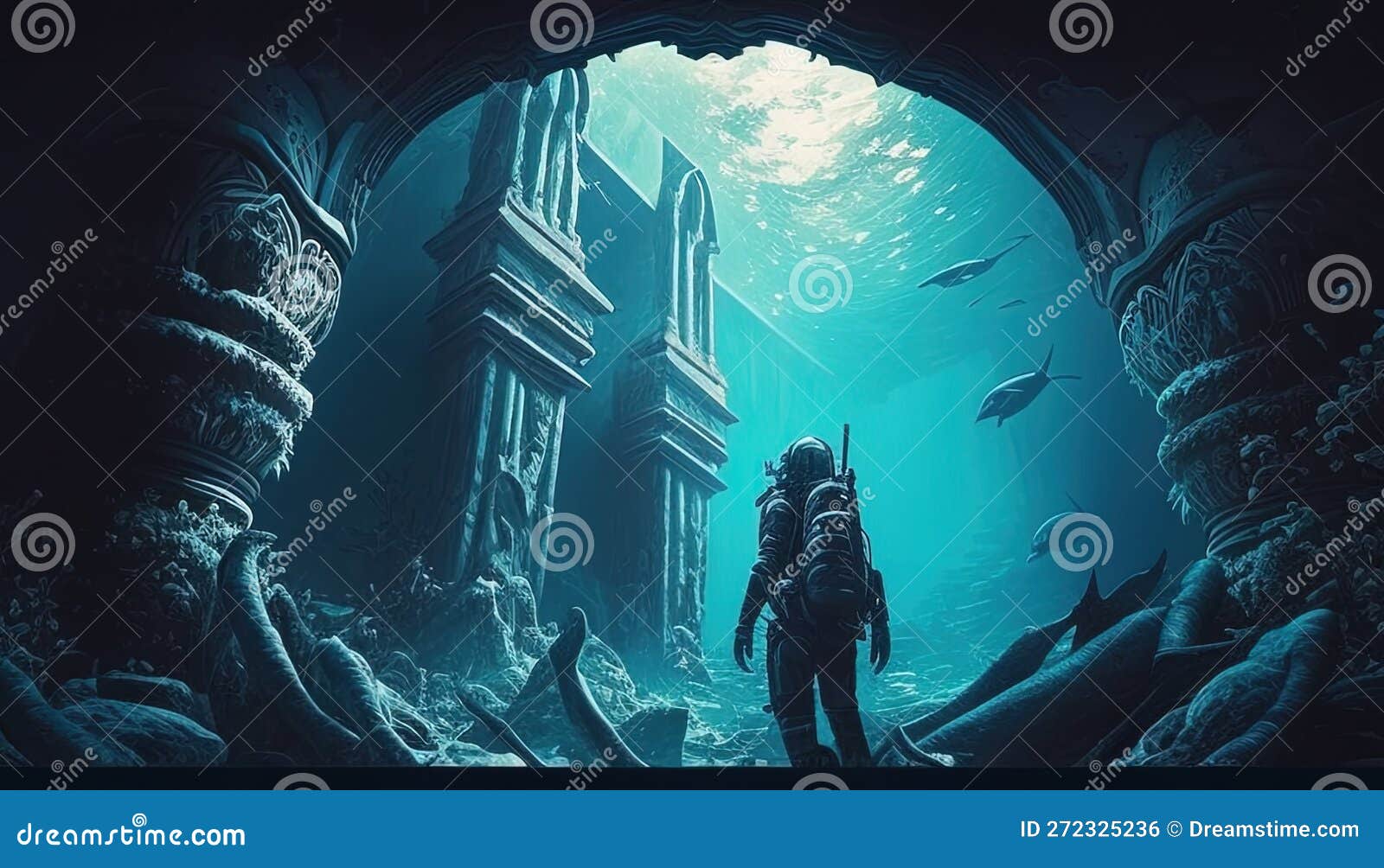 Alien Ruins Under A Giant Spotlight On A Sunless Planet Dark Starry Sky ...