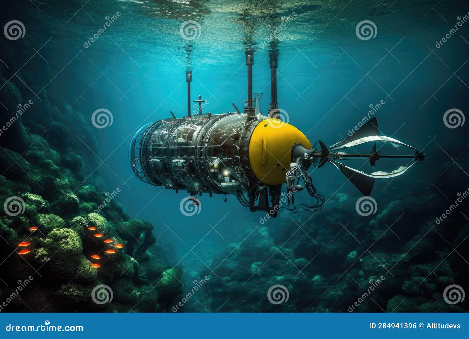 Underwater Autonomous Submarine Exploring Ocean Depths Stock Photo ...