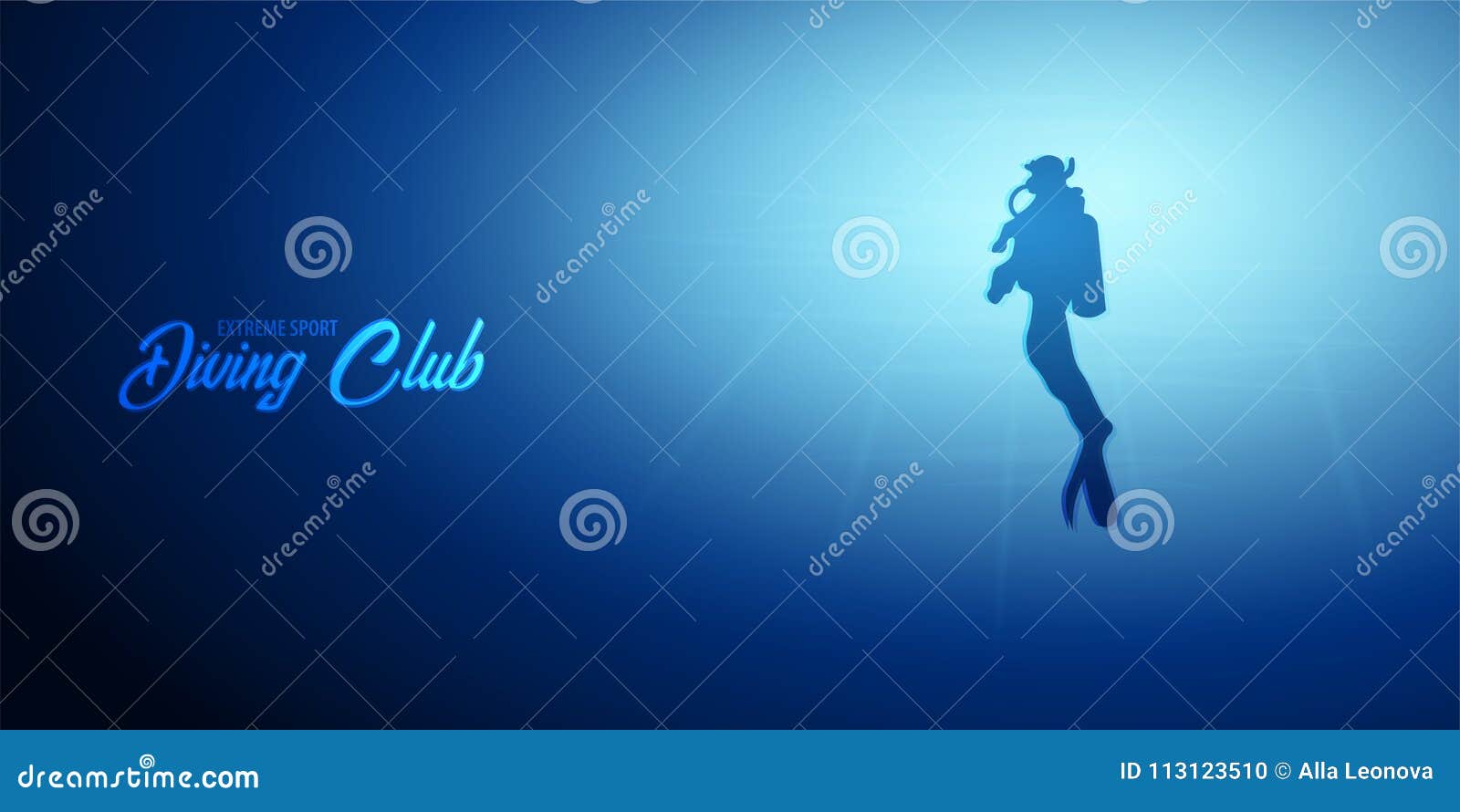 Underwater Background With Sun Rays And Silhouette Of Diver. Deep Ocean ...