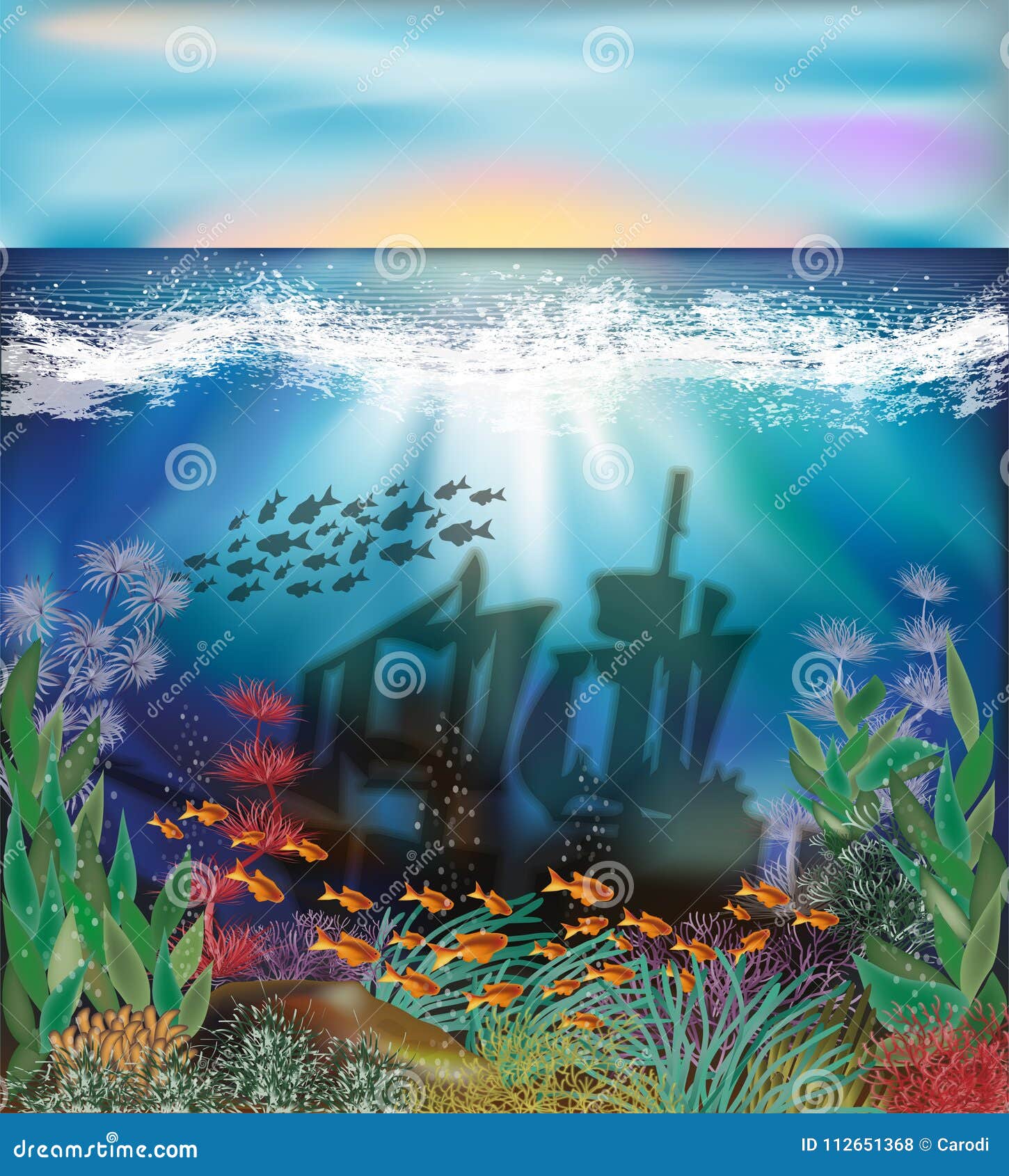 Underwater Sunken Ship And Submarine Vector Illustration ...