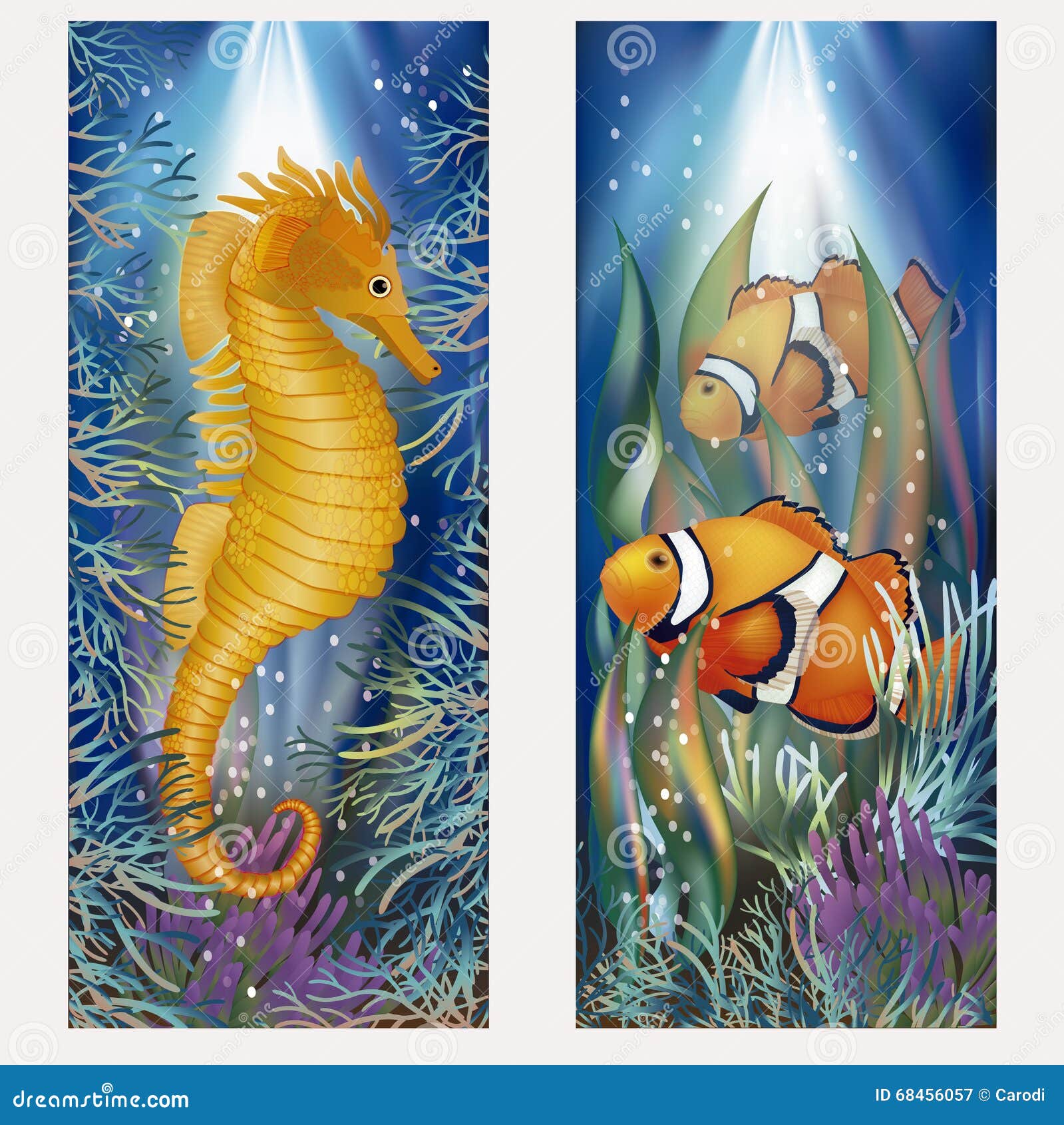 Set Of Underwater Banners With Swimming Stingrays Above Seafloor With ...