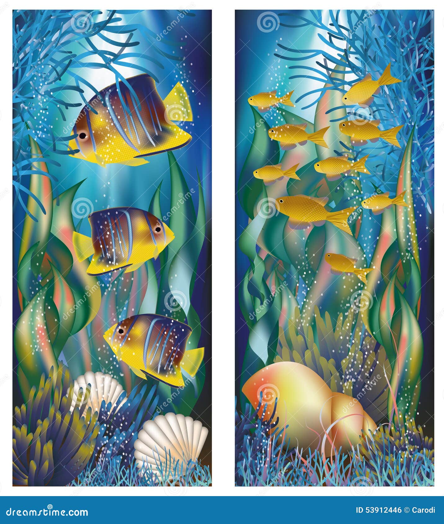 Underwater Banners With Seahorse, Algae And Tropical Fish, Vector ...