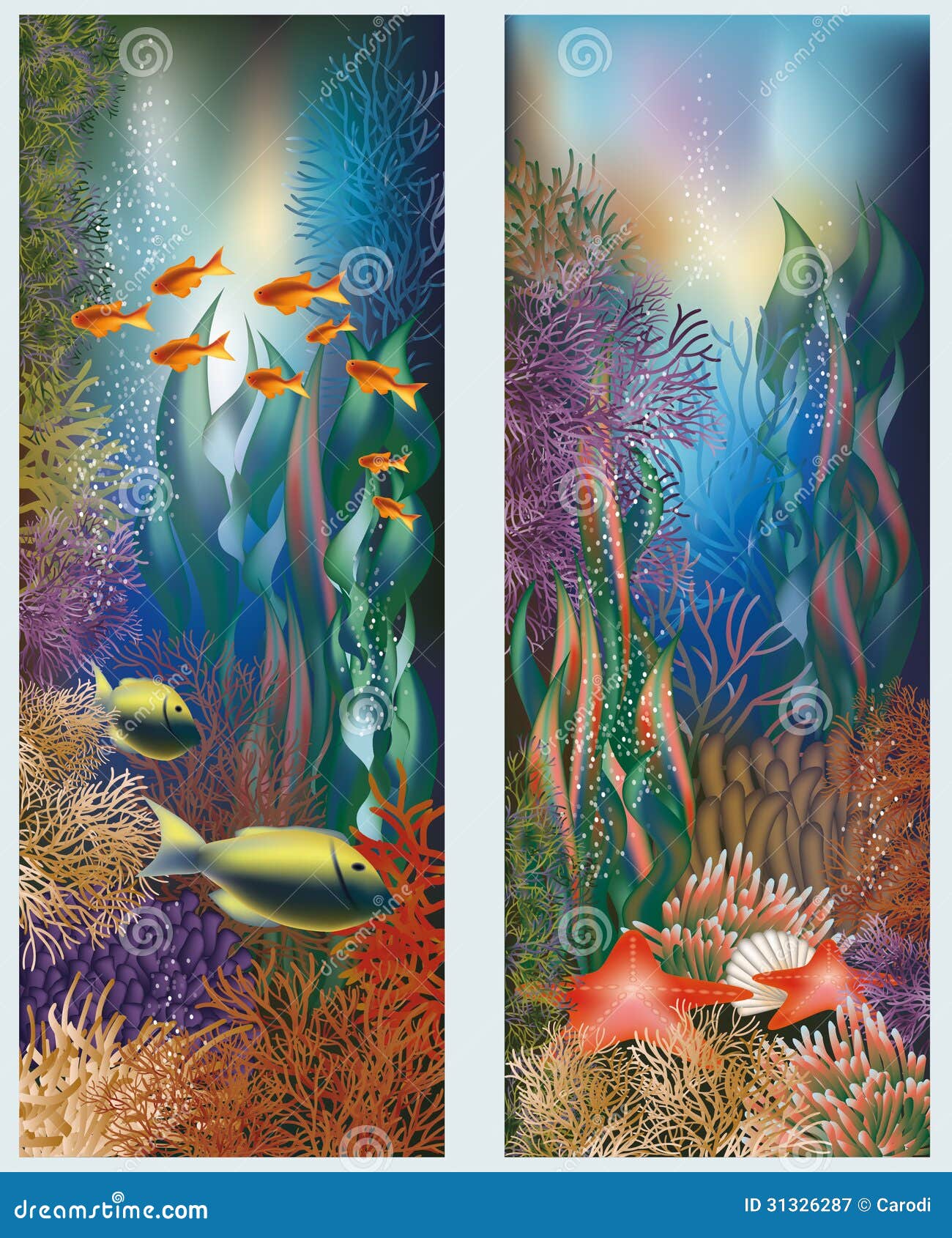 Underwater Banners With Seahorse, Algae And Tropical Fish, Vector ...