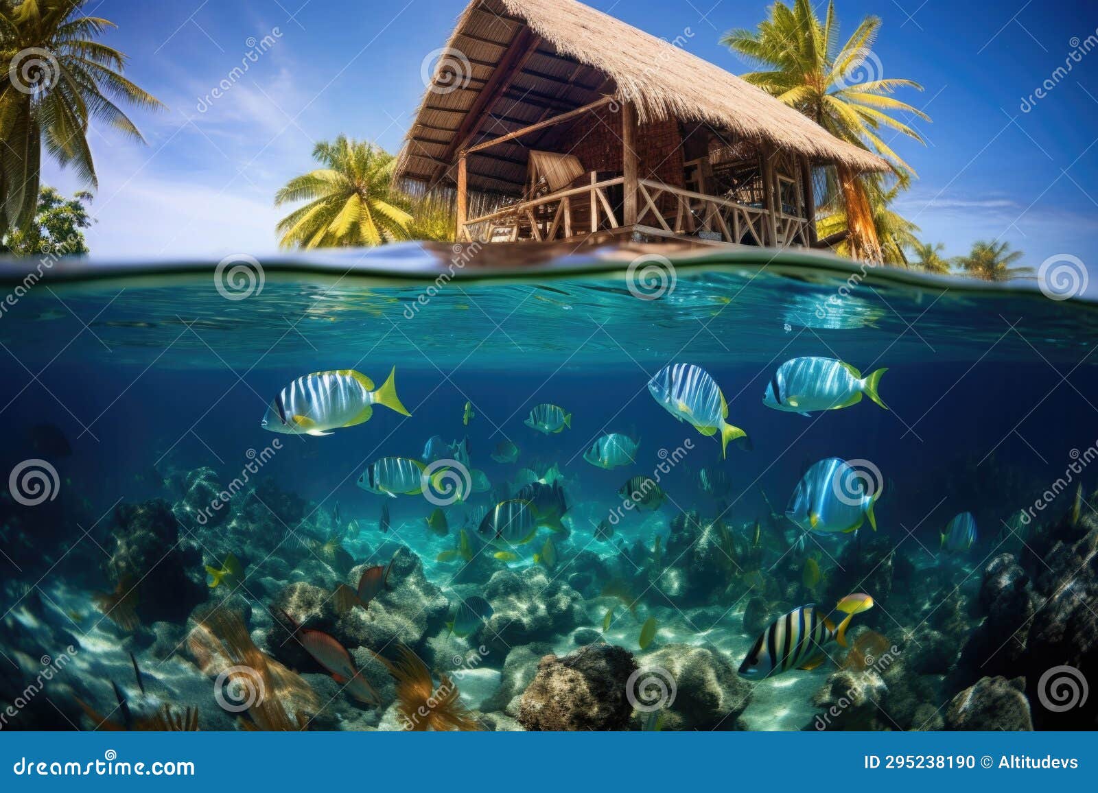 Underwater Bungalow with Tropical Fish Swimming Stock Photo - Image of ...